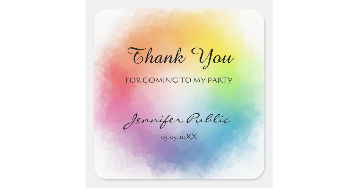 Rainbow Colors Template Thank You Hand Script Square Sticker | Zazzle