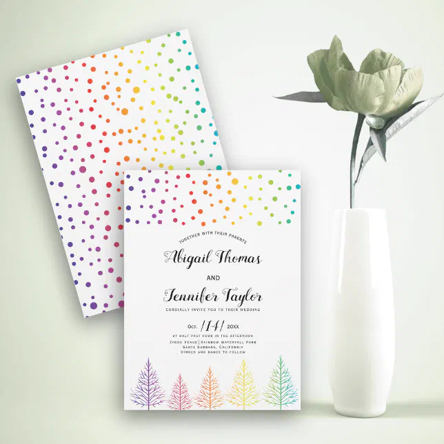 Rainbow colors trees, dots lesbian winter wedding invitation | Zazzle
