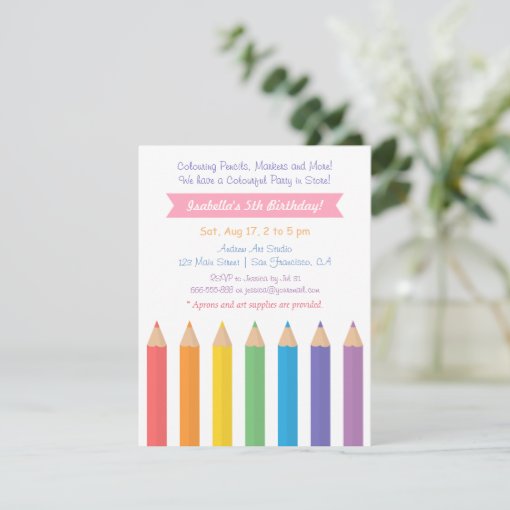 Rainbow Colouring Pencils Arts Kids Birthday Party Invitation | Zazzle