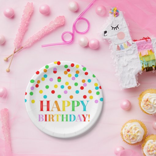 Rainbow Confetti Birthday Party Plate | Zazzle