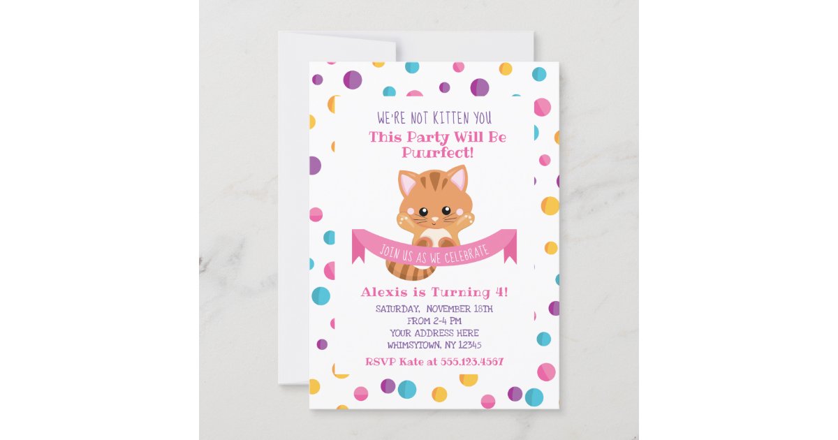 Rainbow Confetti Cute Kitty Cat Birthday Party Invitation | Zazzle
