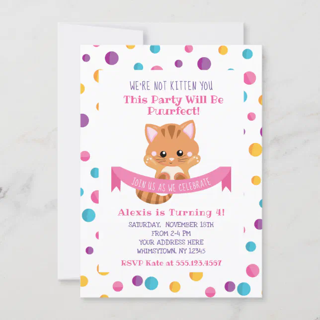 Rainbow Confetti Cute Kitty Cat Birthday Party Invitation | Zazzle
