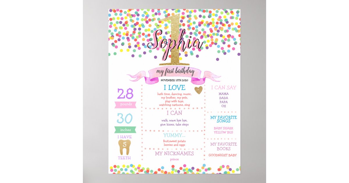 Rainbow Confetti Girl First Birthday Milestone Poster | Zazzle
