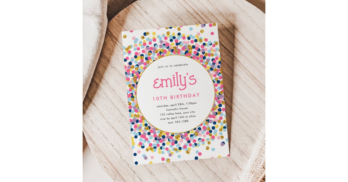 Rainbow Confetti Gold Glitter Playful Birthday Invitation | Zazzle