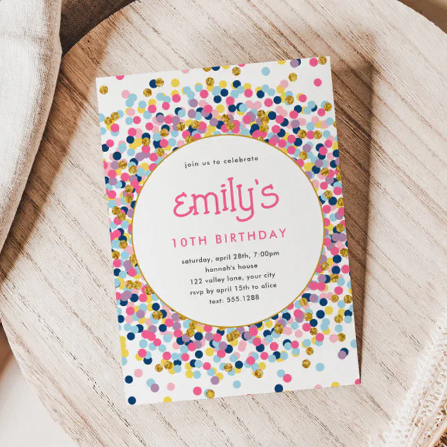 Rainbow Confetti Gold Glitter Playful Birthday Invitation | Zazzle