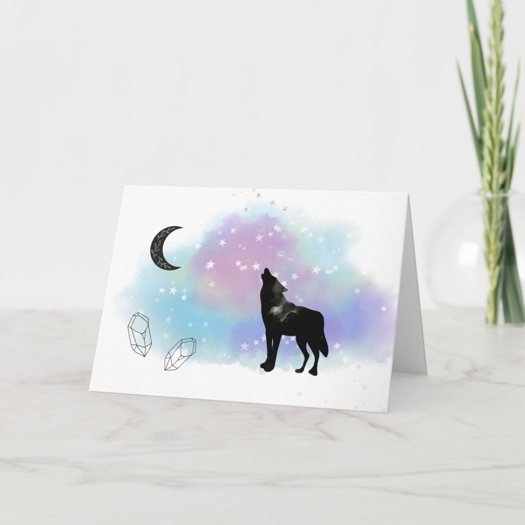 Rainbow Cosmic Moon Howling Wolf Crystals Card | Zazzle