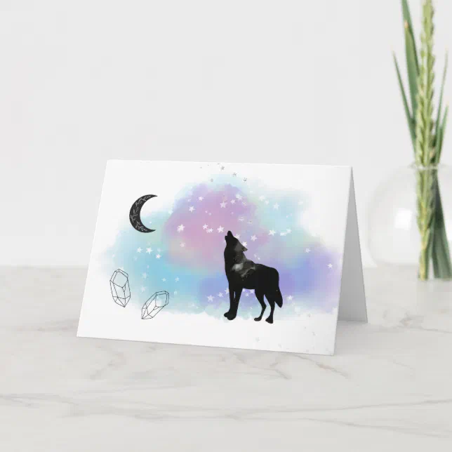 Rainbow Cosmic Moon Howling Wolf Crystals Card | Zazzle