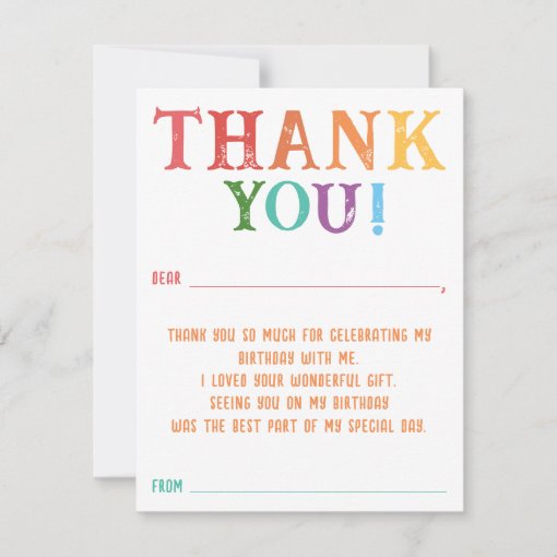 Rainbow Custom Message Fill In Thank You Birthday Note Card | Zazzle