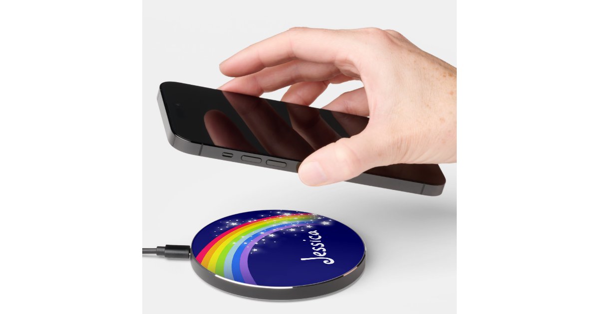 Rainbow dark blue custom name wireless charger | Zazzle