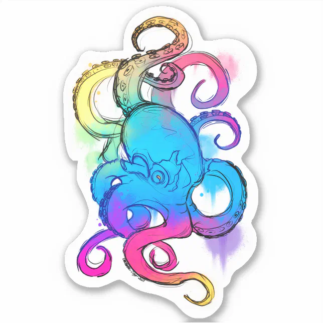 Rainbow Digital Art Octopus Sticker | Zazzle