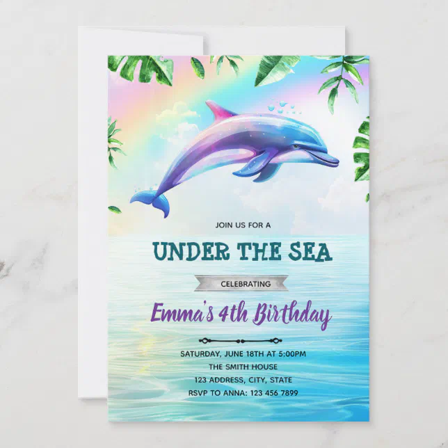 Rainbow dolphin birthday invitation | Zazzle