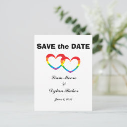 "Rainbow Double Hearts" Save the Date Postcards | Zazzle