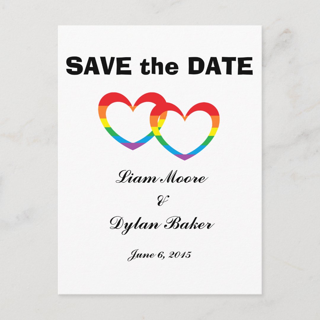 "Rainbow Double Hearts" Save the Date Postcards | Zazzle