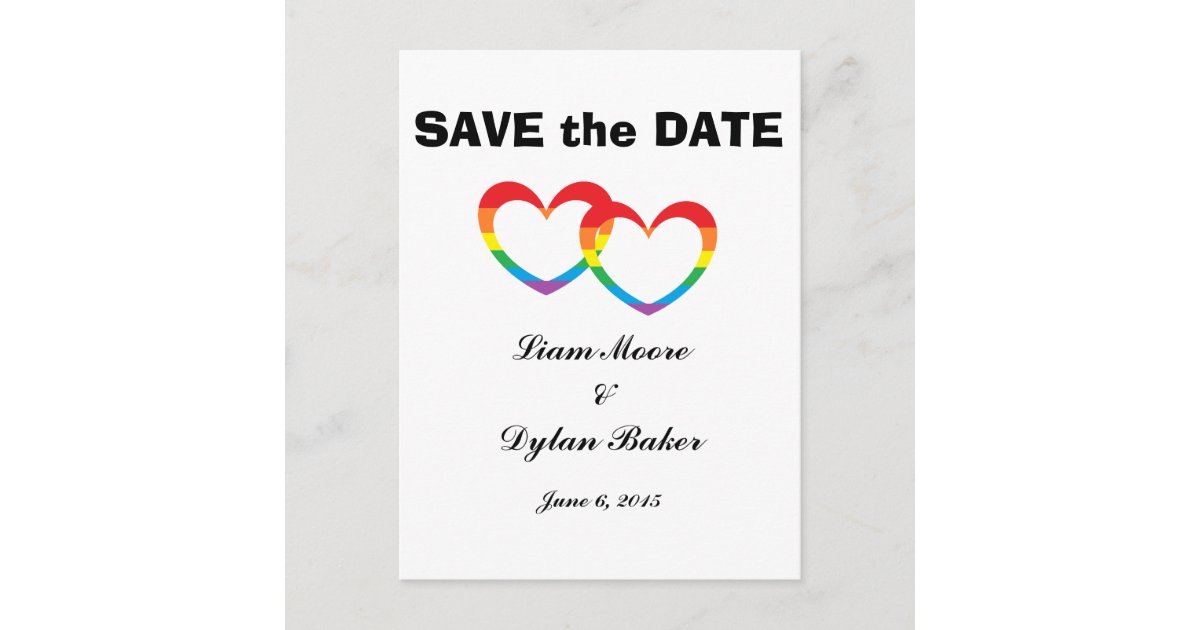 "Rainbow Double Hearts" Save the Date Postcards | Zazzle