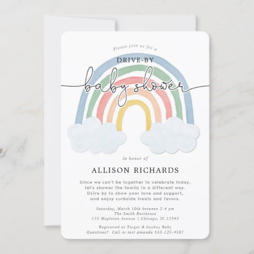 Rainbow drive-by drive through baby shower invitation | Zazzle