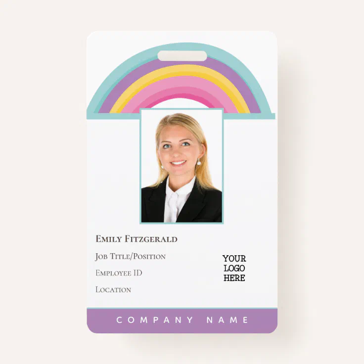 Rainbow Employee Photo ID Name Logo Portrait Badge | Zazzle