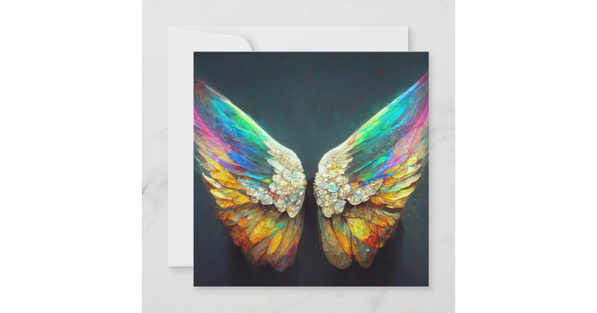 Rainbow encrusted angel wings invitation | Zazzle