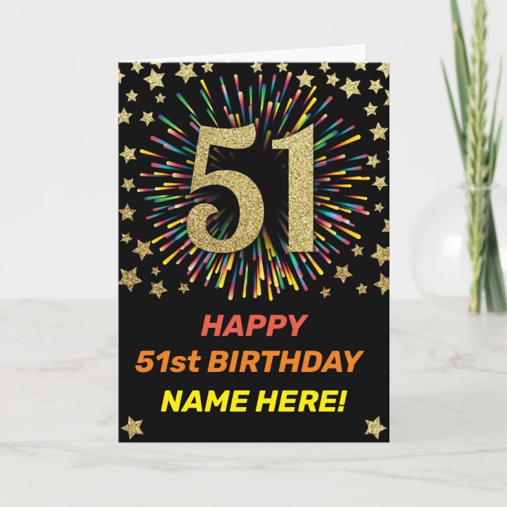 Rainbow Firework 51st Happy Birthday Black & Gold Card | Zazzle
