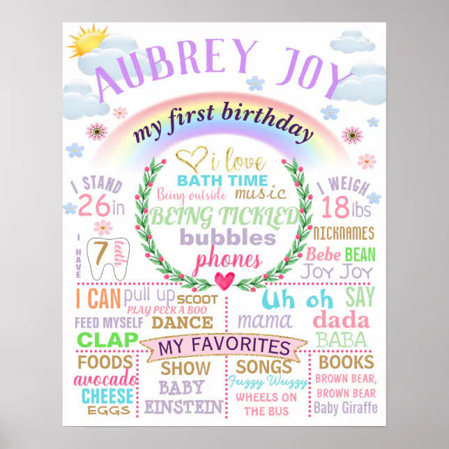 Rainbow First BIrthday Party sign poster | Zazzle