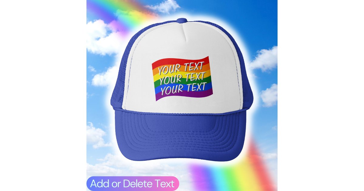 Rainbow Flag Flying Gay Pride Flag LGBT Queer Text Trucker Hat | Zazzle