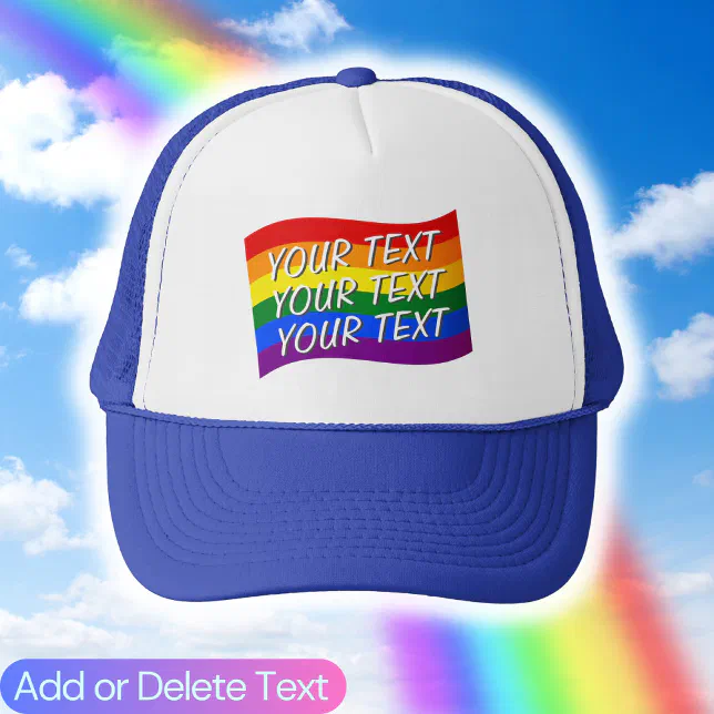 Rainbow Flag Flying Gay Pride Flag LGBT Queer Text Trucker Hat | Zazzle