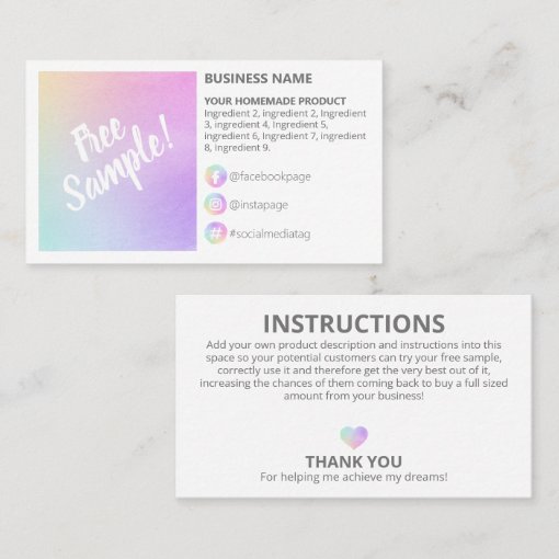 Rainbow Free Sample Ingredients Instructions Business Card | Zazzle