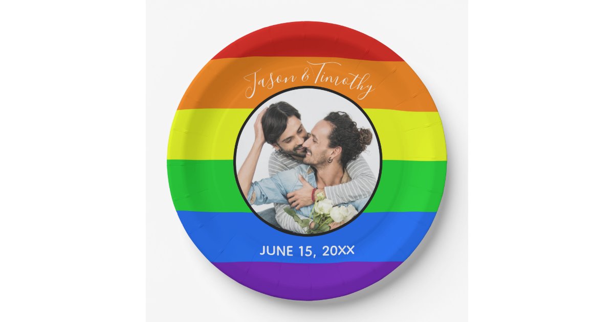 Rainbow Gay Pride Custom Couple Photo Bold Wedding Paper Plates | Zazzle