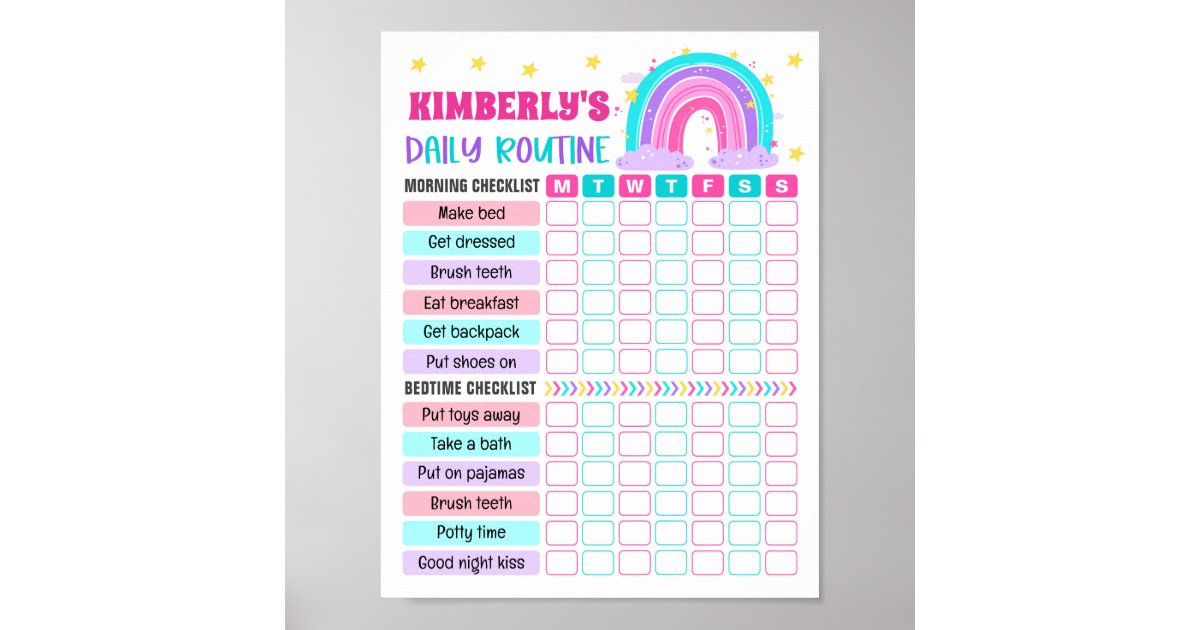 Rainbow Girl Daily Routine, Kid Everyday Checklist Poster | Zazzle