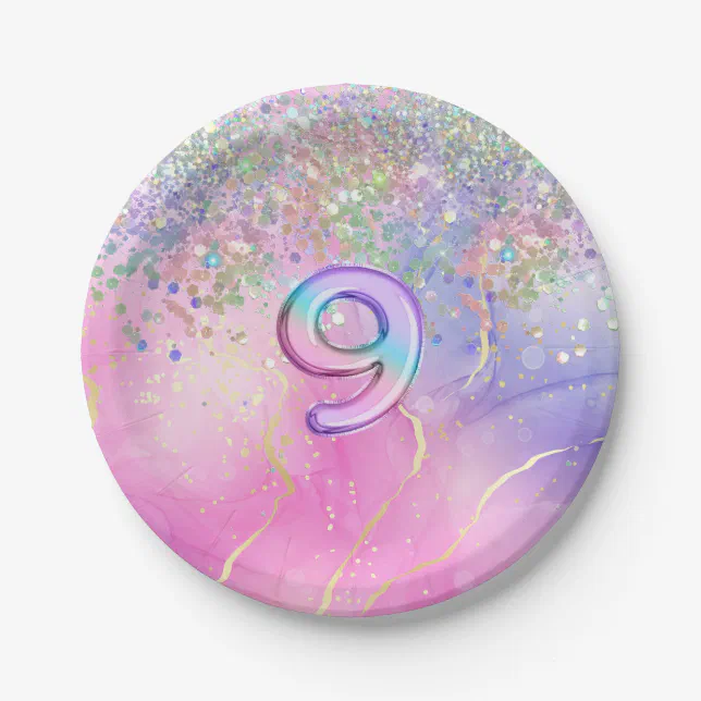Rainbow Glitter 9th Birthday Party Paper Plates | Zazzle