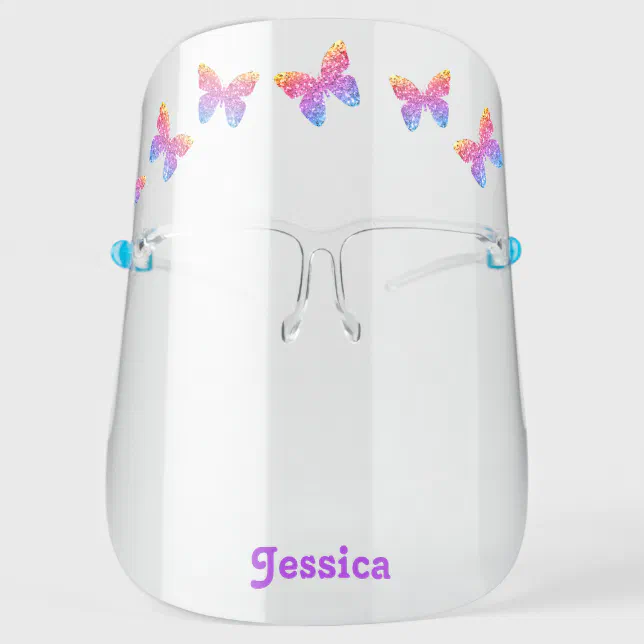 Rainbow Glitter Butterfly Halo Girly Personalized Face Shield | Zazzle