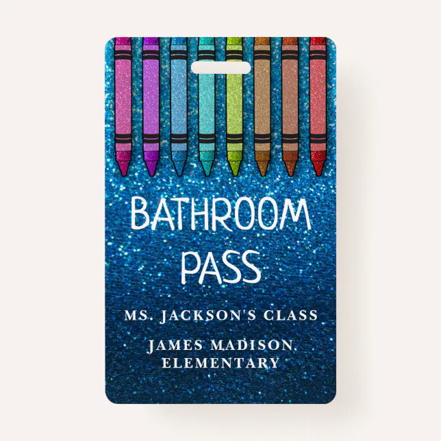 Rainbow Glitter Crayons Teacher Bathroom Hall Pass Badge | Zazzle