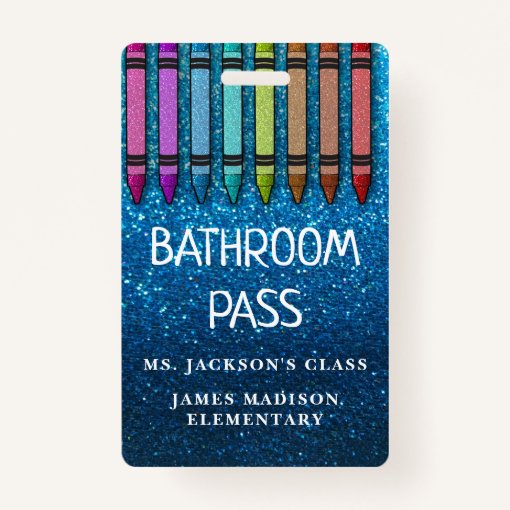 Rainbow Glitter Crayons Teacher Bathroom Hall Pass Badge | Zazzle