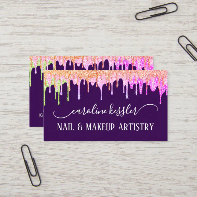 Rainbow Glitter Drip Beauty Makeup & Nail Artists Business Card | Zazzle