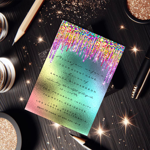 Rainbow Glitter Drip Bridal 16th Unicorn Invitation | Zazzle