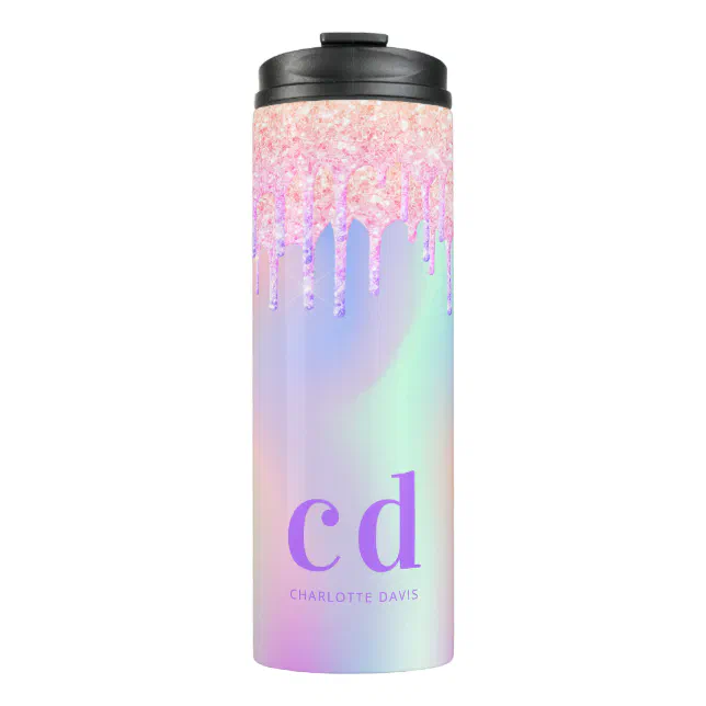 Rainbow glitter drips pink holographic monogram thermal tumbler | Zazzle