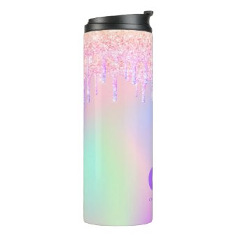 Rainbow glitter drips pink holographic monogram thermal tumbler | Zazzle