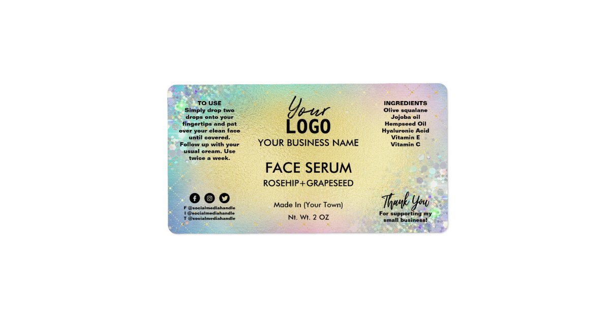 Rainbow Glitter Pastel Face Serum Label | Zazzle