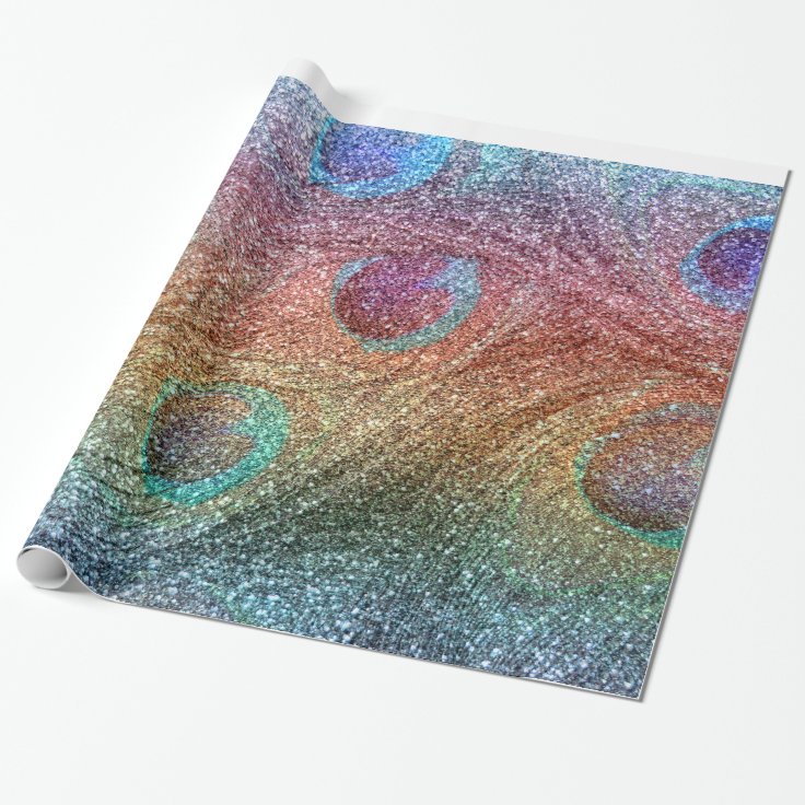 Rainbow glitter peacock feathers wrapping paper | Zazzle