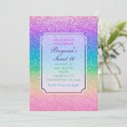 Rainbow Glitter Sparkle Glam Party Invitations | Zazzle