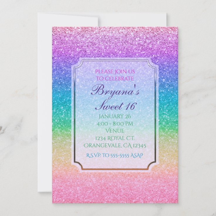 Rainbow Glitter Sparkle Glam Party Invitations | Zazzle