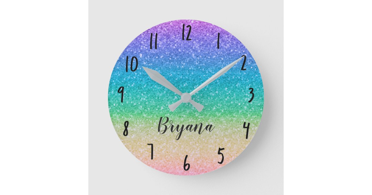 Rainbow Glitter Sparkle Glamour Girls Pretty Round Clock | Zazzle