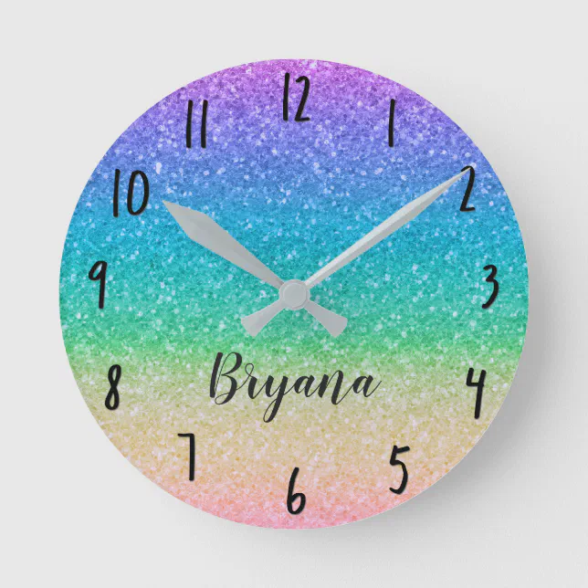 Rainbow Glitter Sparkle Glamour Girls Pretty Round Clock | Zazzle