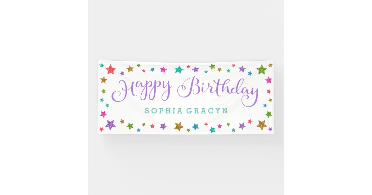 Rainbow Glitter Stars Purple Happy Birthday Banner | Zazzle