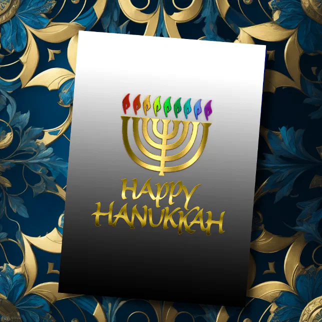 Rainbow Gold Menorah Flames Happy Hanukkah Card | Zazzle
