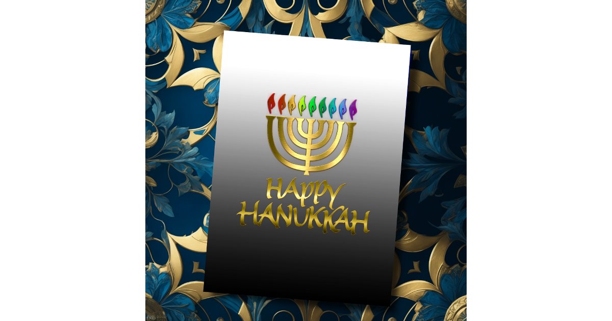 Rainbow Gold Menorah Flames Happy Hanukkah Card | Zazzle