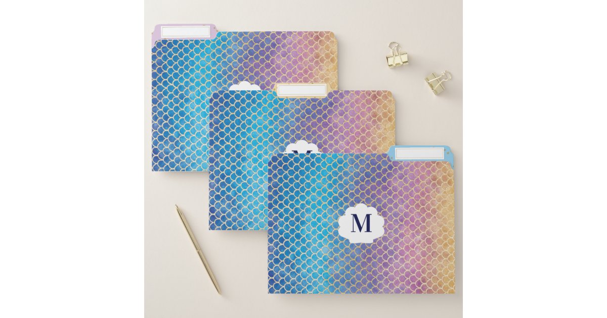 Rainbow & Gold Watercolor Mermaid Scale Pattern File Folder | Zazzle