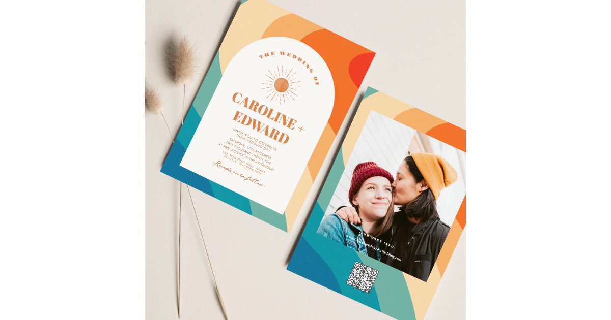 Rainbow Groovy Colorful Wavy Boho Wedding Qr Code Invitation | Zazzle