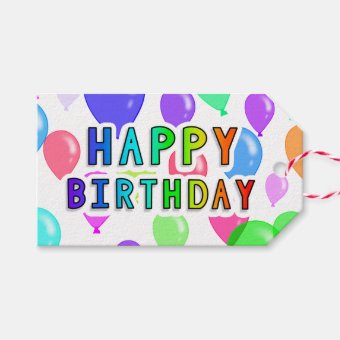 Rainbow Happy Birthday Multicolored Balloons Gift Tags | Zazzle