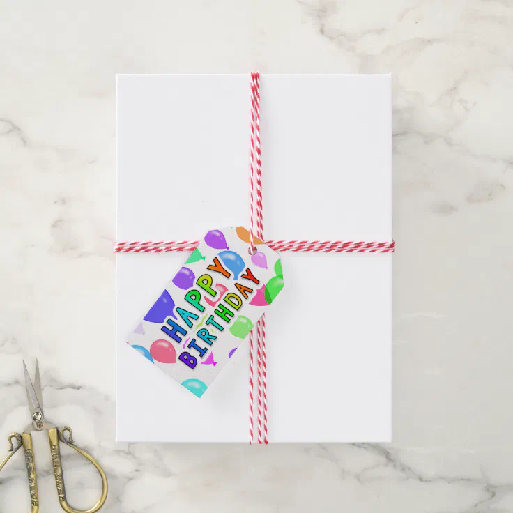 Rainbow Happy Birthday Multicolored Balloons Gift Tags | Zazzle
