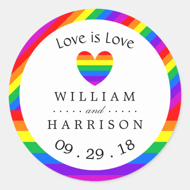 Rainbow Heart Love is Love Wedding Classic Round Sticker | Zazzle